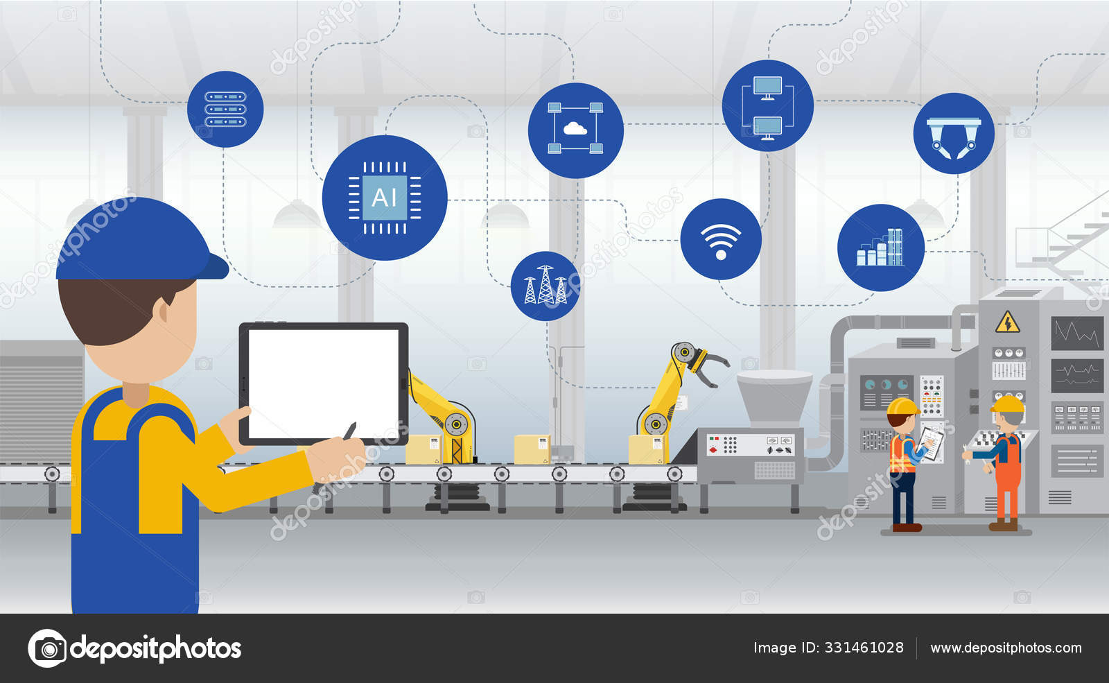 Automation Industry Concept Workers Control Robots Machines Flat Design ...