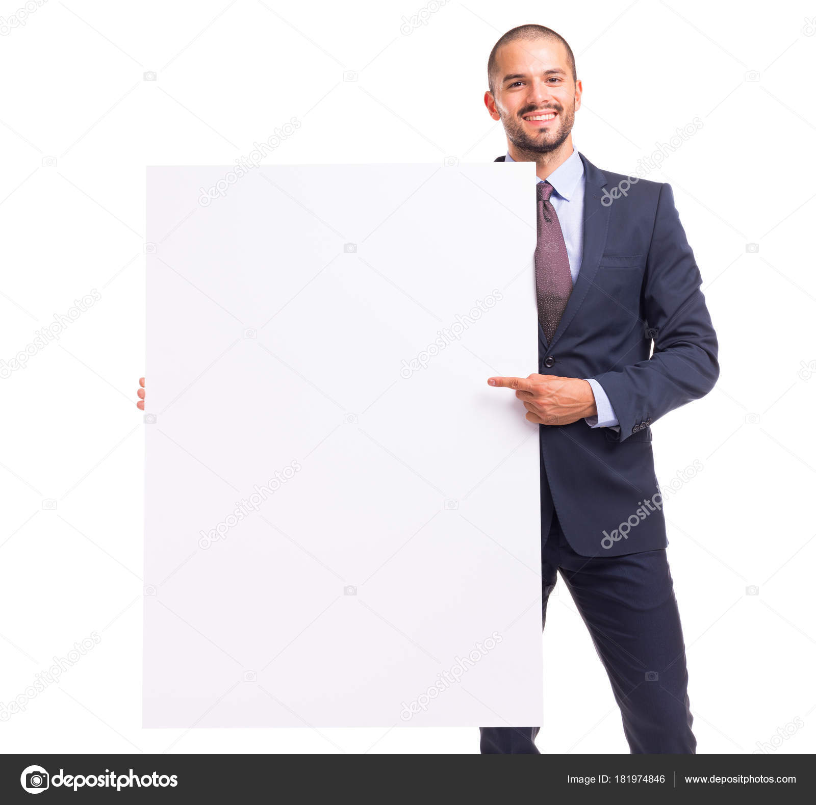 Portrait Happy Smiling Young Businessman Pointing Blank Board — Stock ... Portrait Happy Smiling Young Businessman Pointing Blank Board — Stock ...