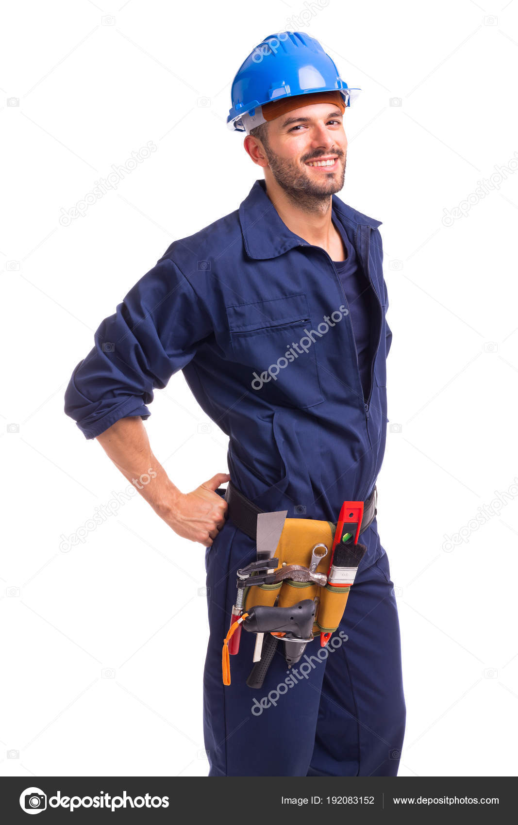 Portrait Smiling Young Worker Standing White Background — Stock Photo ...