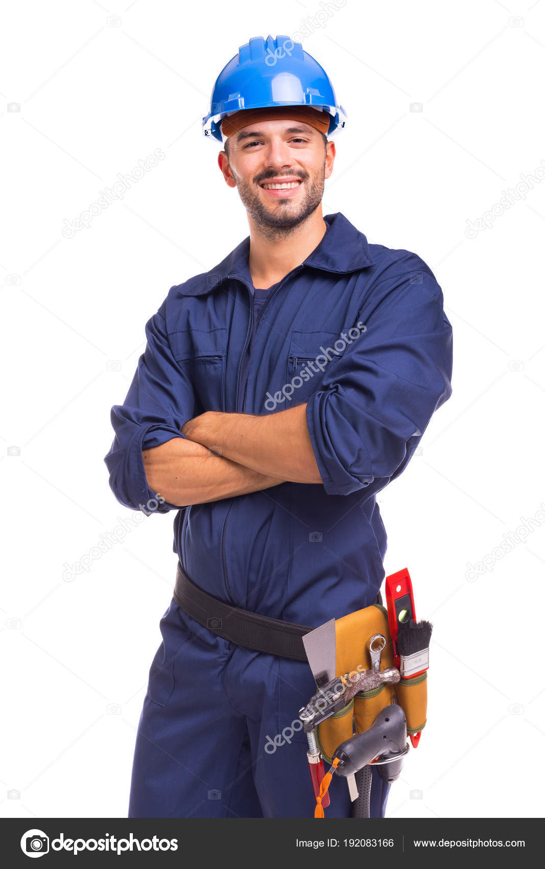 Portrait Confident Young Worker Standing Arms Crossed White Background ...