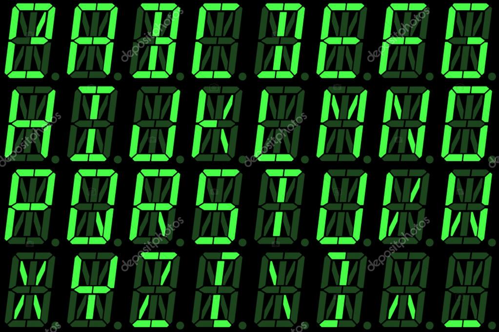 Digital font from capital letters on green alphanumeric LED display ...