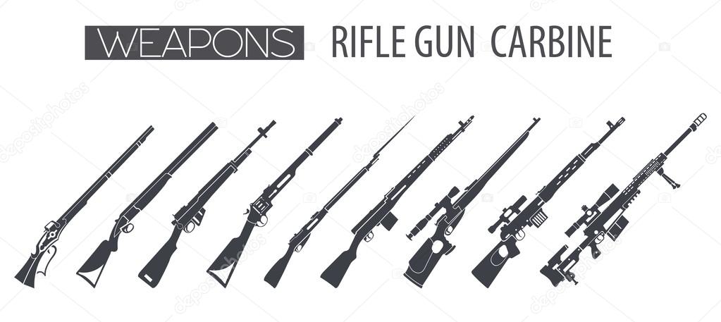 Conjunto de armas. Pistola, rifle, carabina. Diseño plano 2024