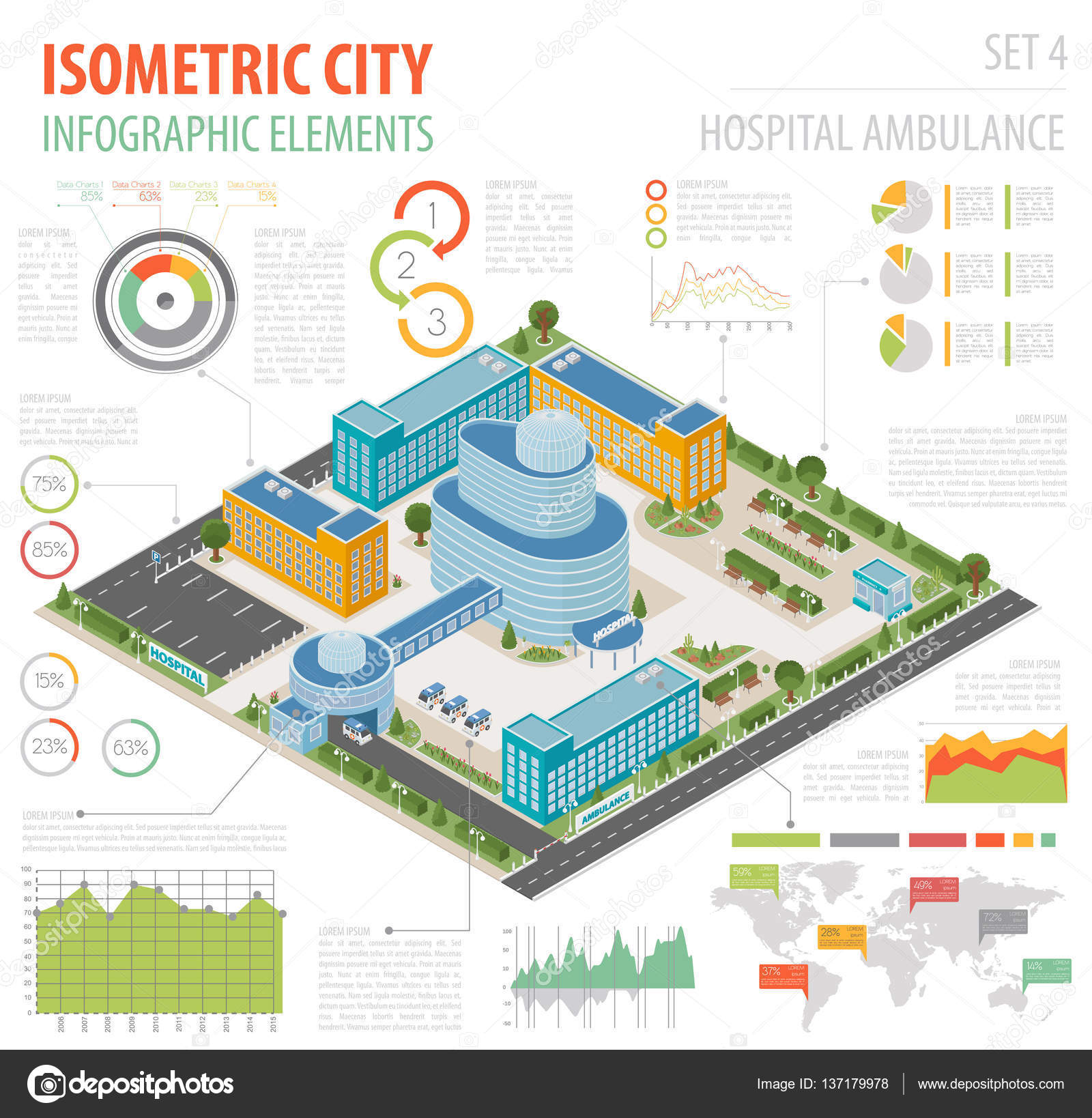 Flat 3d isometric clinic complex and city map constructor elemen Stock ...