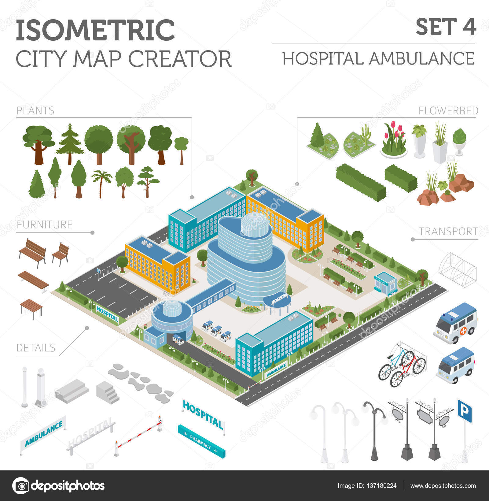 Flat 3d isometric clinic complex and city map constructor elemen Stock ...