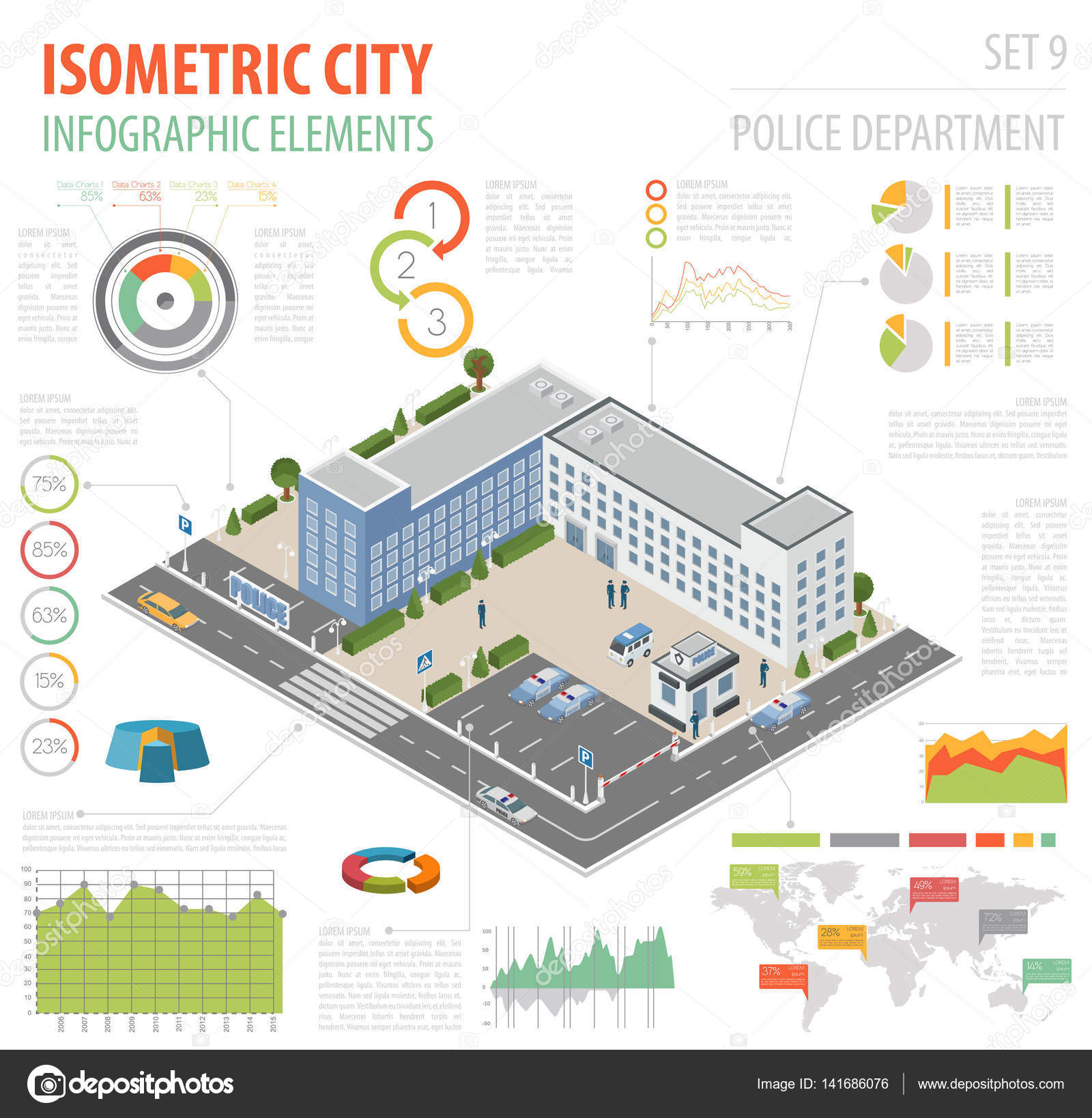 Flat 3d isometric Police Department and city map constructor ele Stock ...