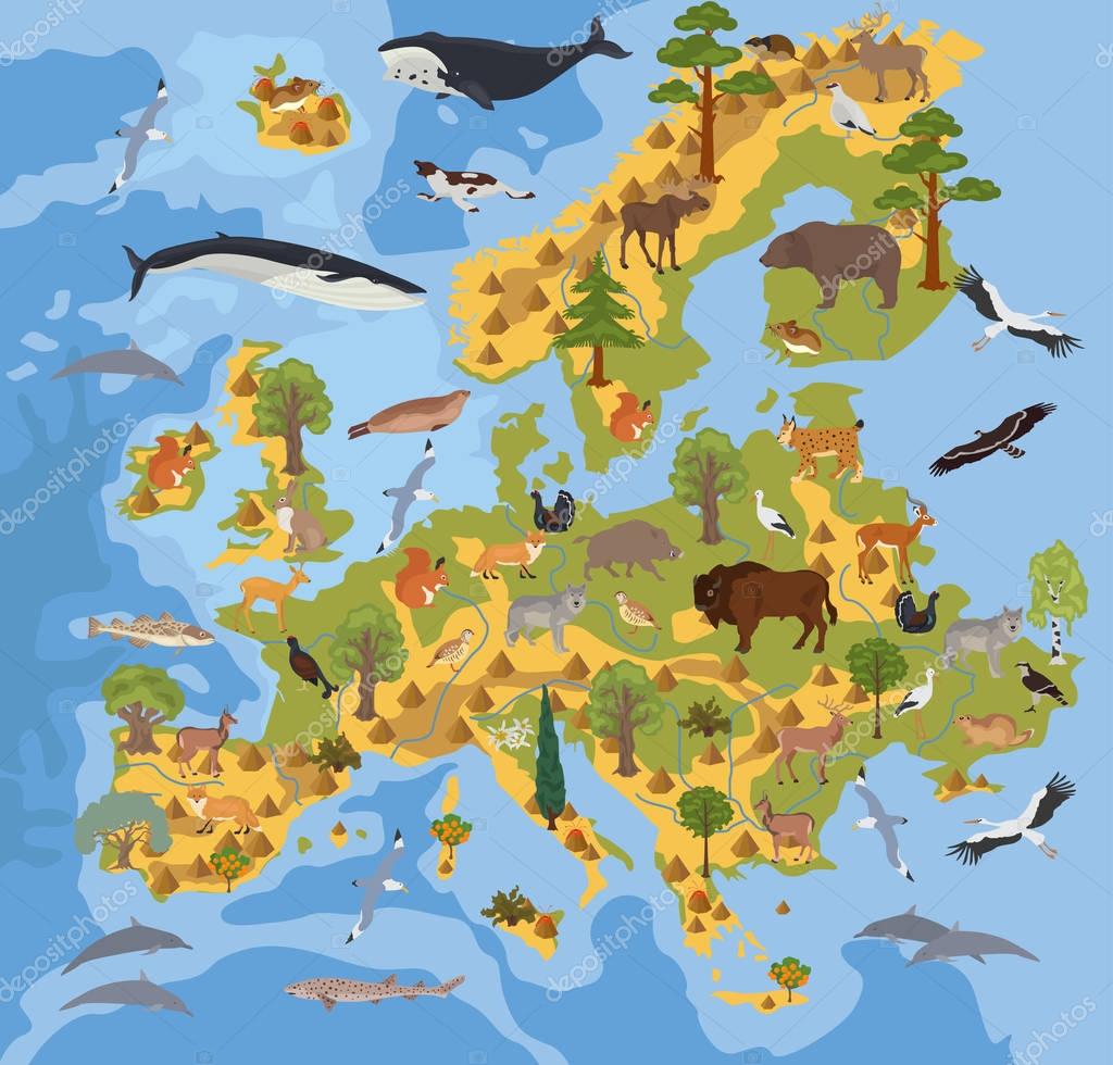 Plana flora y fauna europea mapa elementos constructores. Animales ...