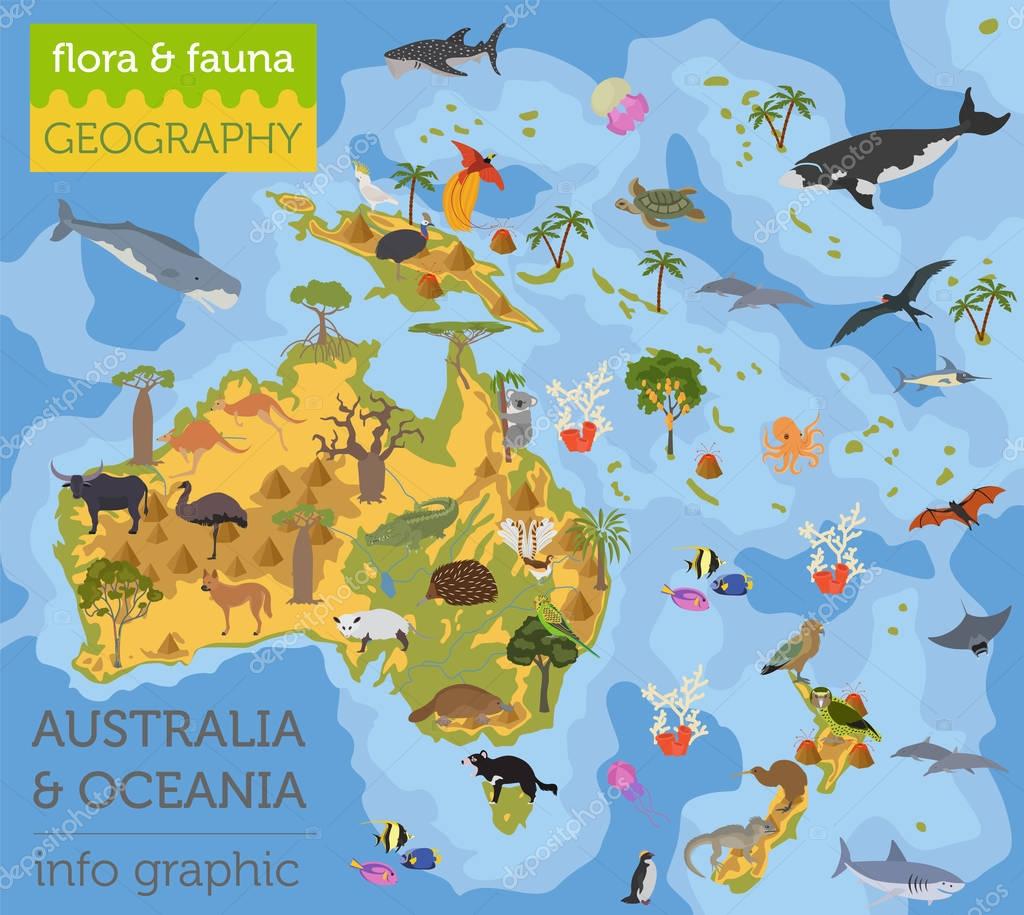 Australia y Oceanía mapa de flora y fauna, elementos planos. Animales. 2023