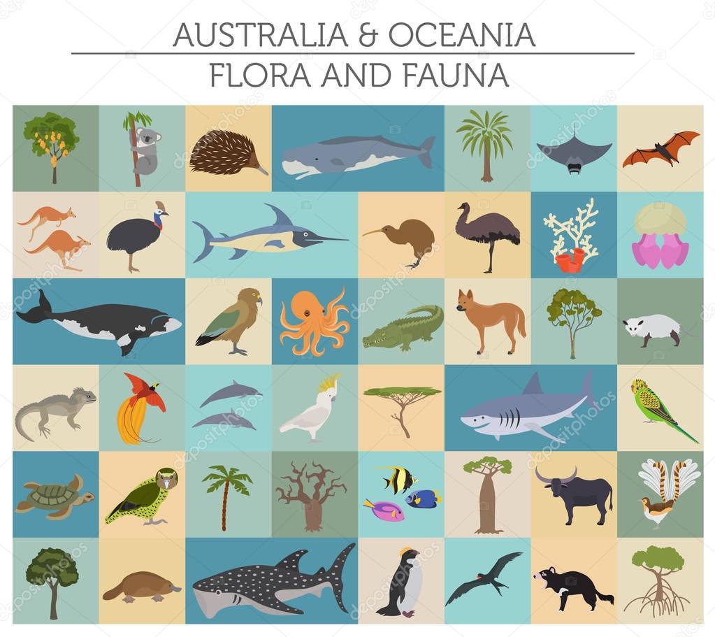 Australia y Oceanía mapa de flora y fauna, elementos planos. Animales. 2023