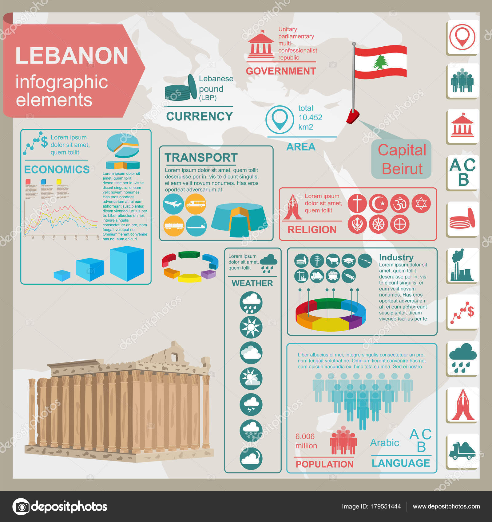 Lebanon landmark architecture. Statistical data in infographic — Stock ...