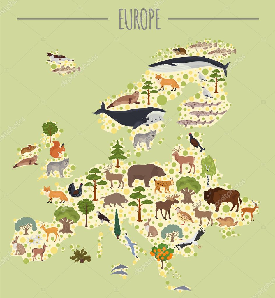 Plana flora y fauna europea mapa elementos constructores. Animales., 2024