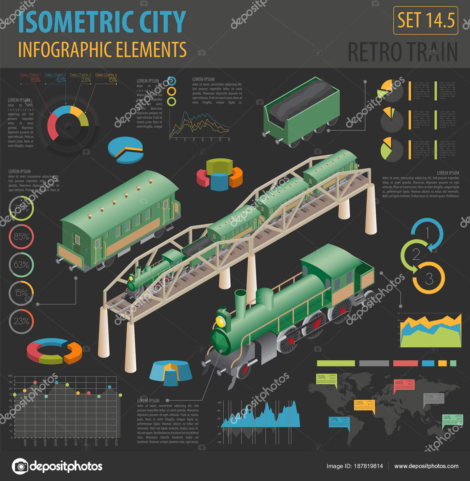 3d isometric retro railway with steam locomotive and carriages. Stock ...