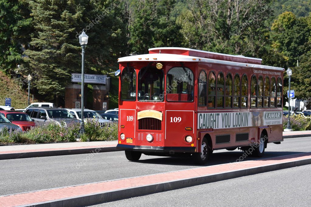 LAKE GEORGE, NY - SEP 24: Trolley tour in Lake George in upstate New ...