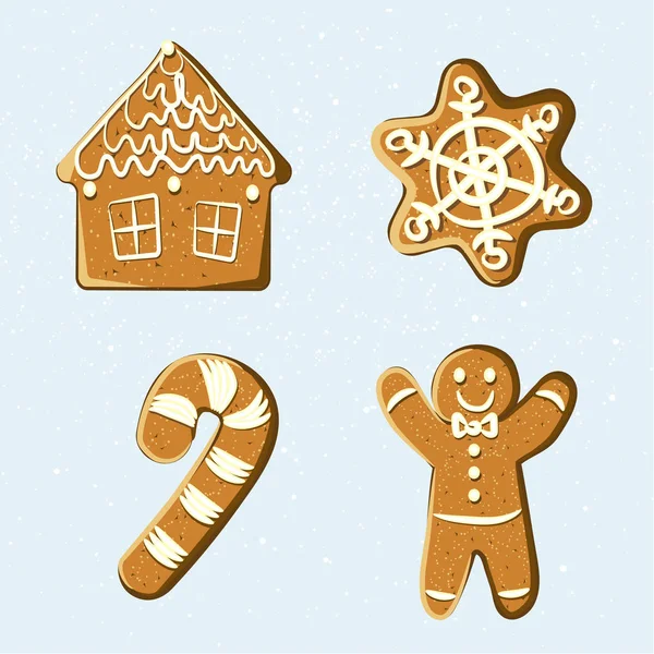 Set of cartoon ginger breads. Gingerbread man, house, candy cane and ...