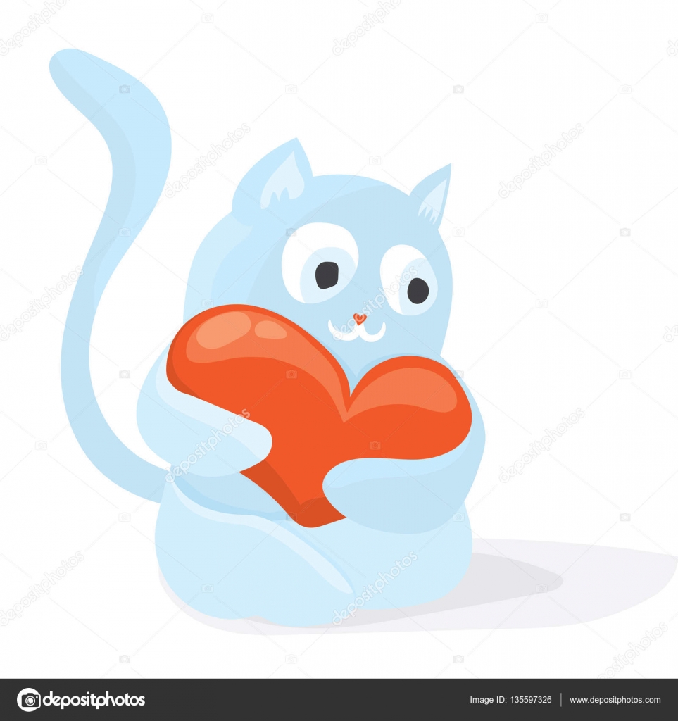 Cartoon Valentines day romantic illustration with blue cat holding big ...