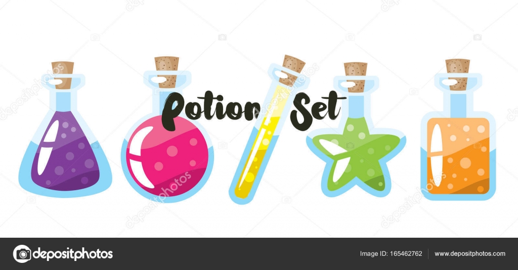 Set of different cartoon potion bottles. Simple vector illustration ...