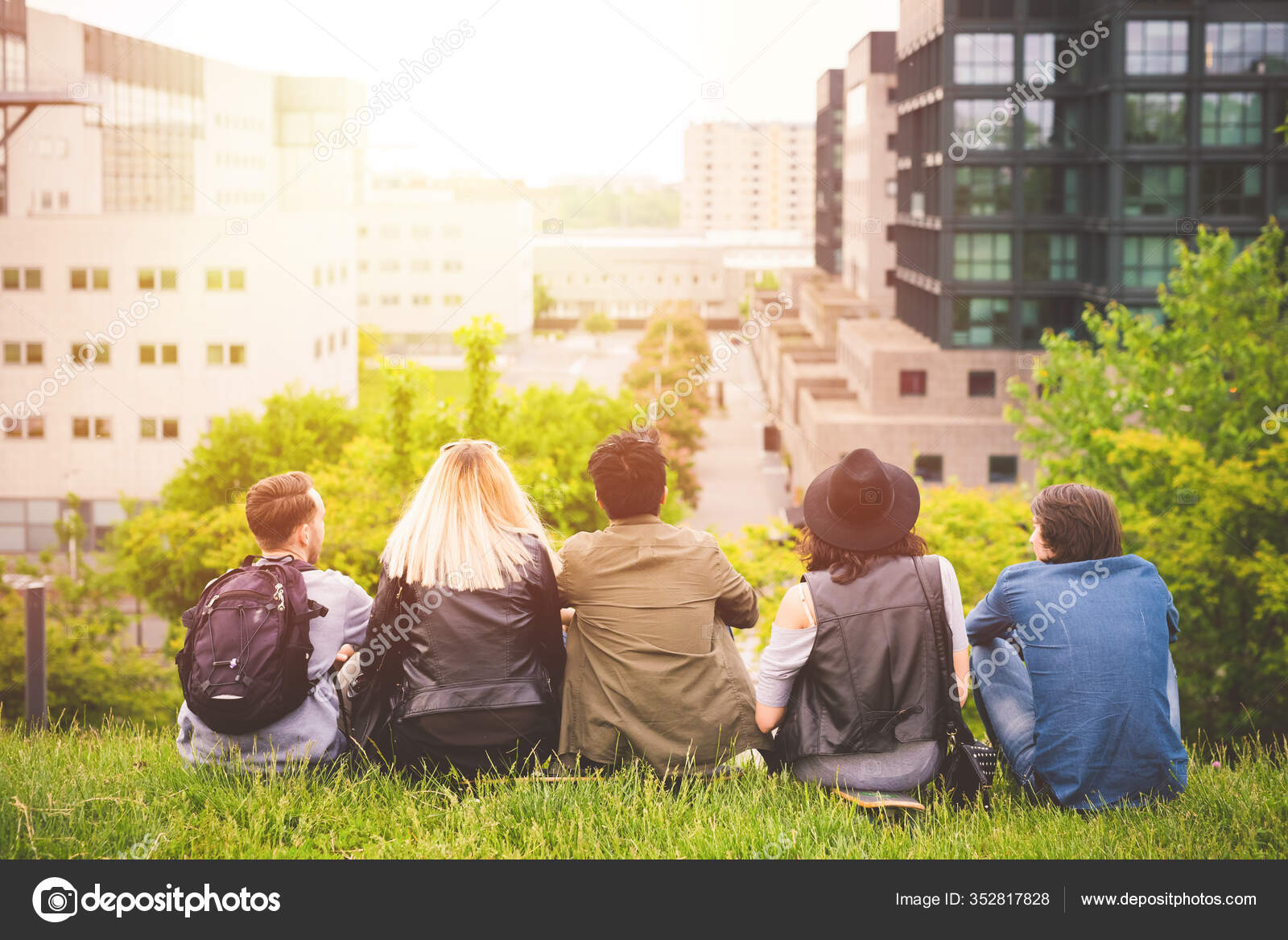 Back View Group Multiethnic Friends Sitting Hill Looking Positive ...