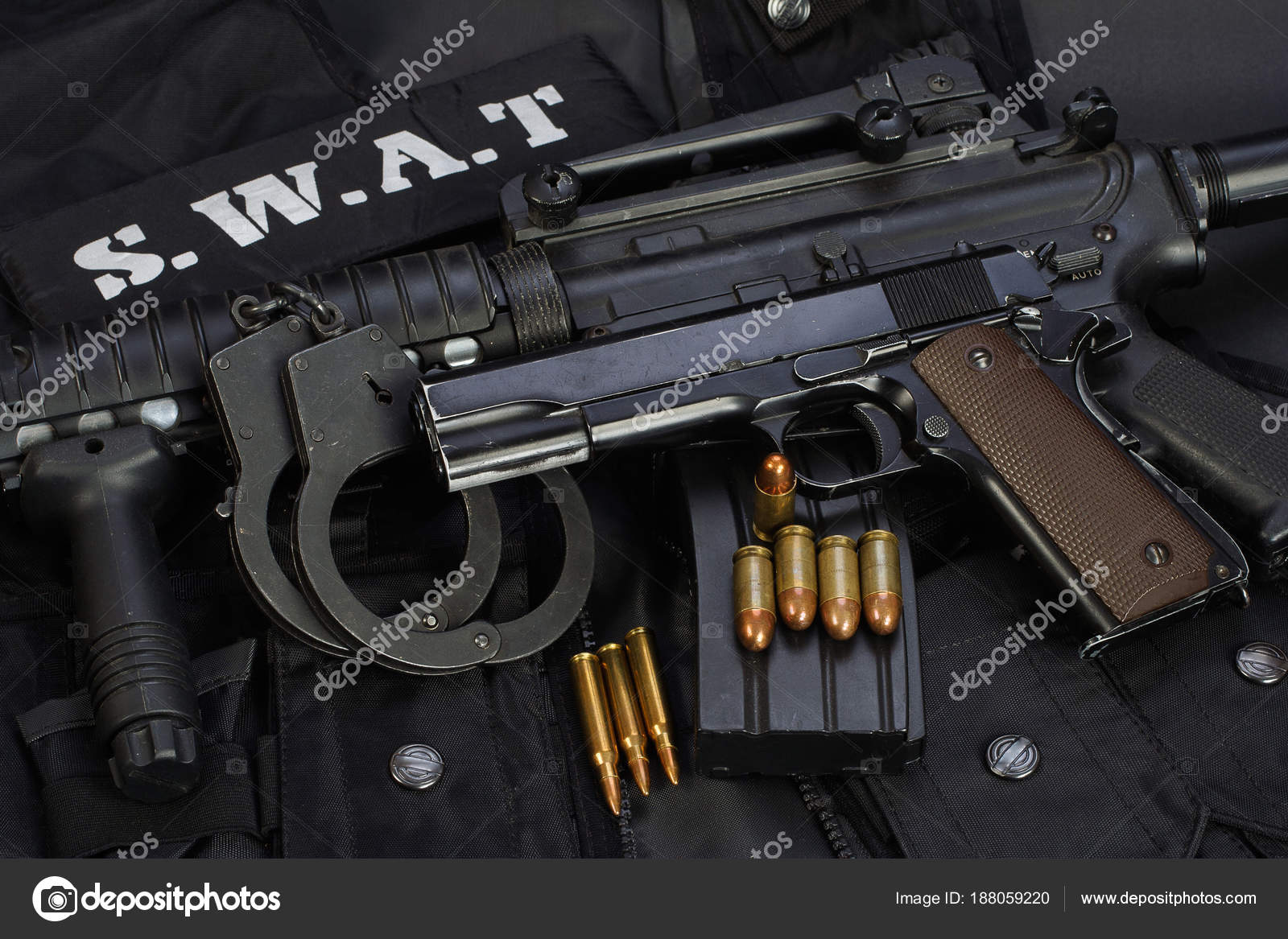 Special weapons and tactics team equipment on black background Stock ...
