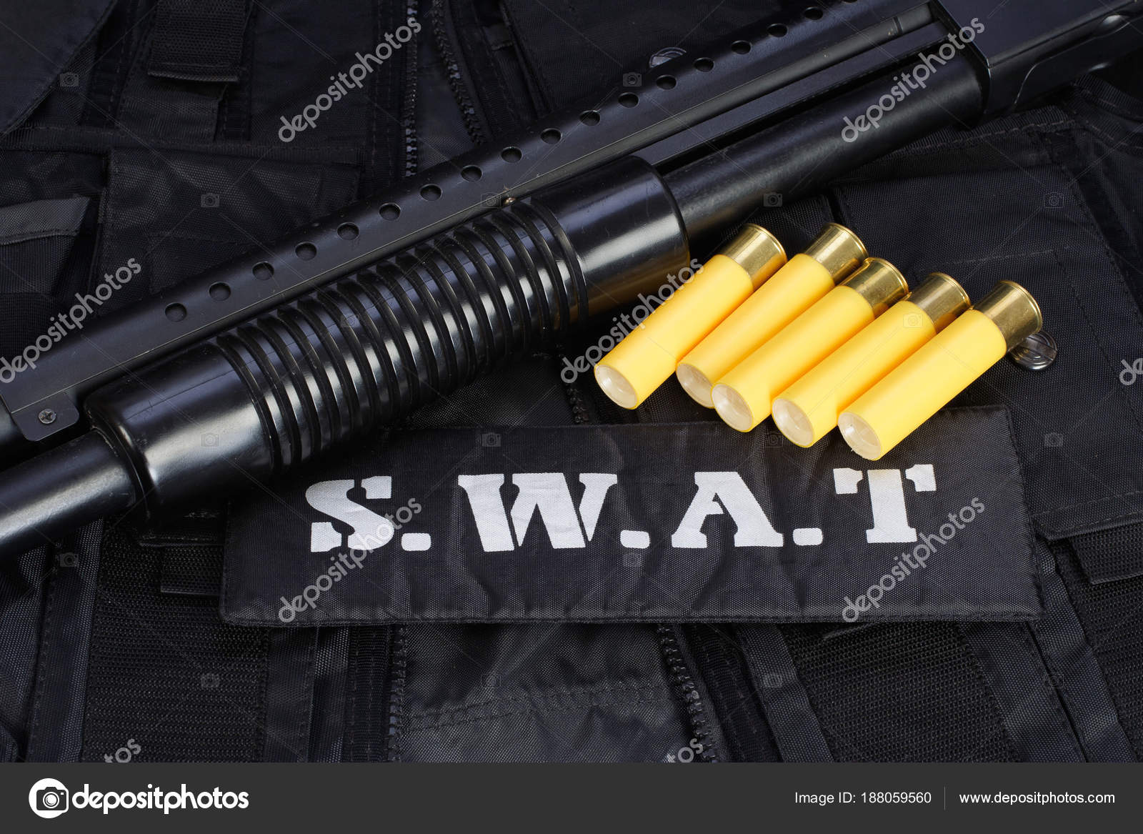 Special weapons and tactics team equipment on black background Stock ...