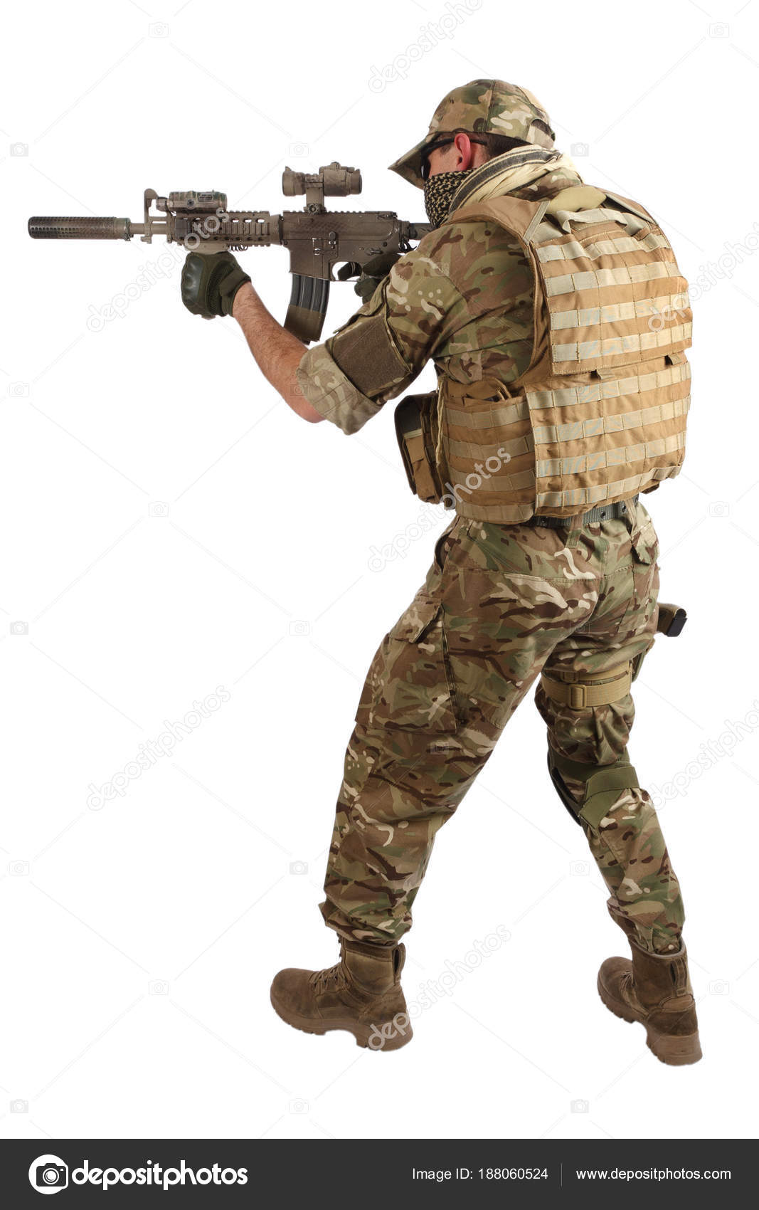 Special forces operator with assault rifle on white background Stock ...