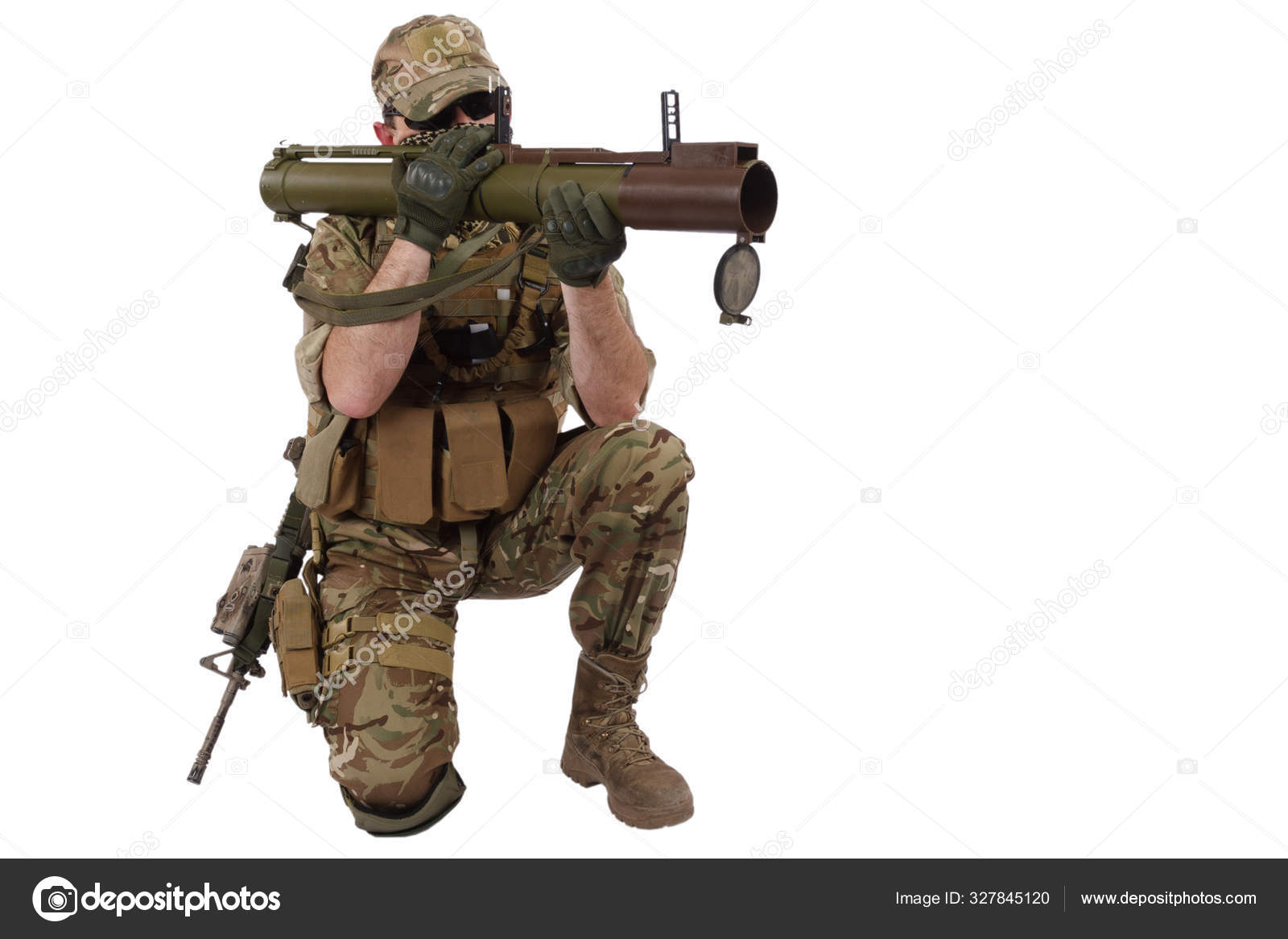 Private Military Company operator shoots from an RPG rocket launcher ...