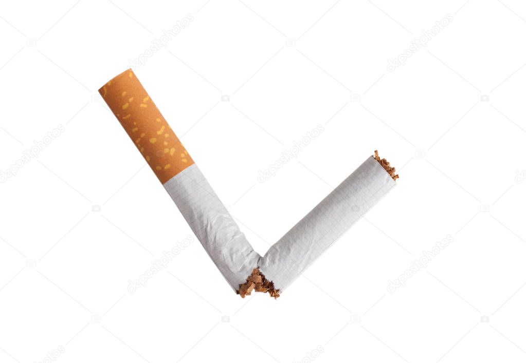 cigarrillo roto, marca de verificación forma aislada en un fondo blanco ...