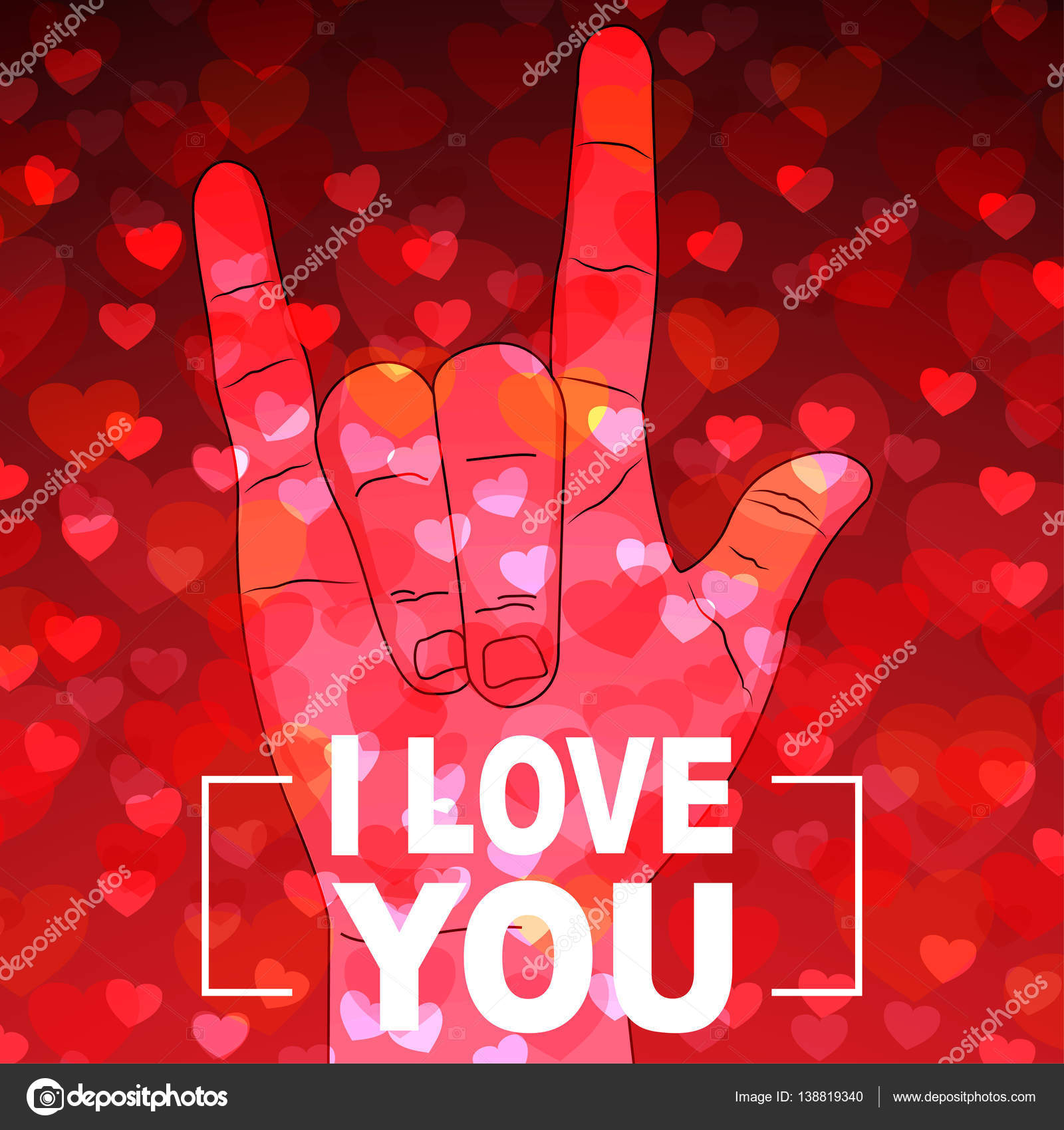 Te amo signo de mano con muchos corazones sobre fondo rojo Vector de ...