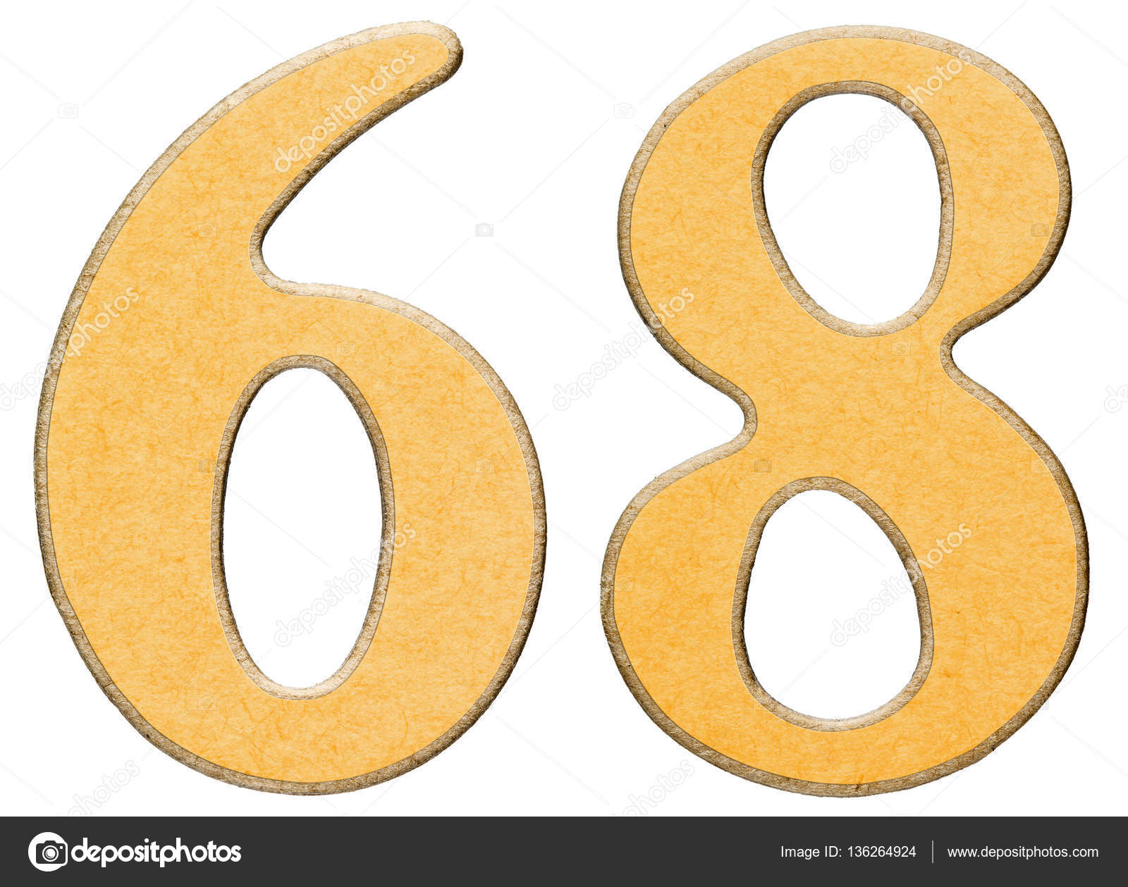 68, sixty eight, numeral of wood combined with yellow insert, is ...