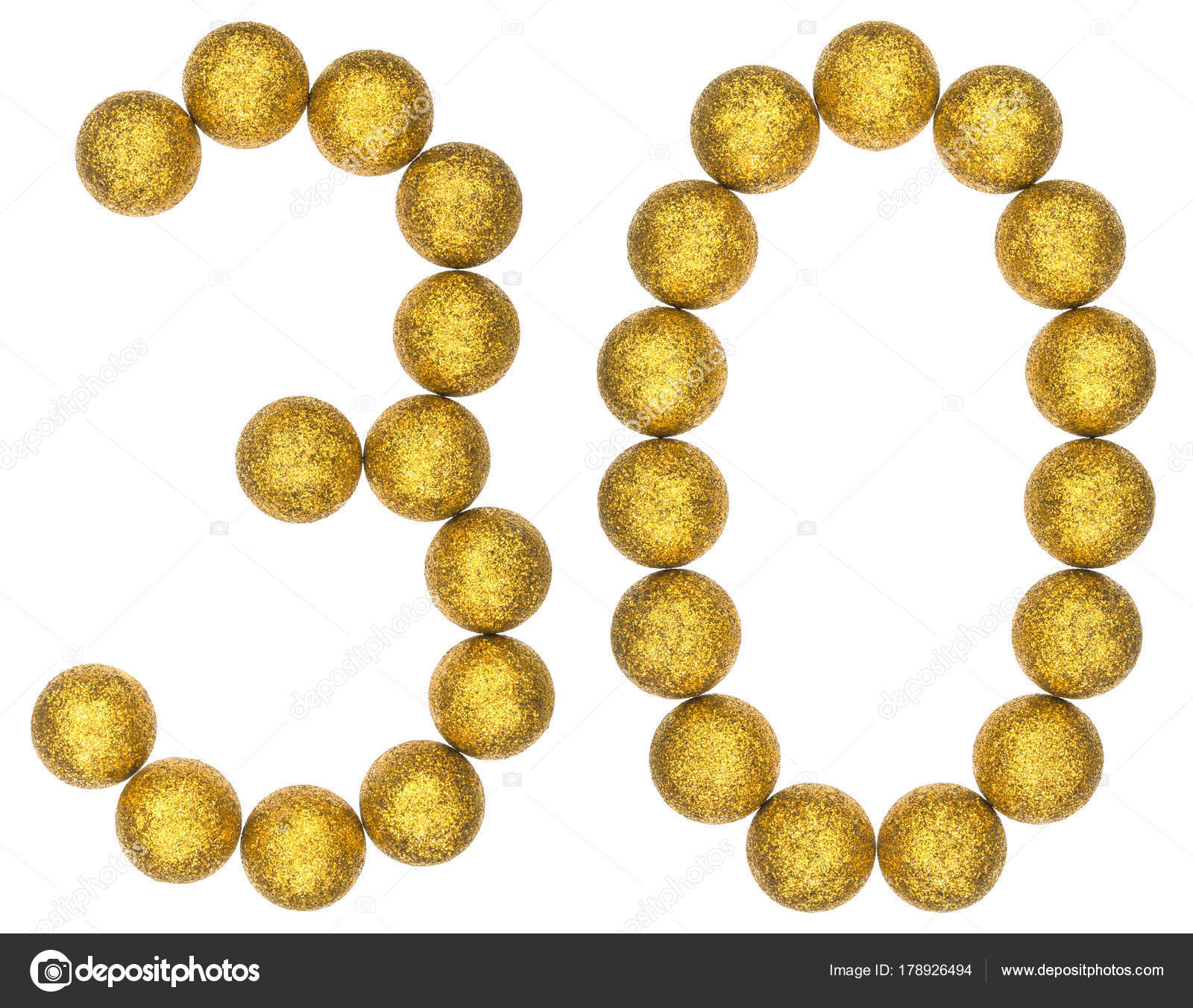 Numeral 30, thirty, from decorative balls, isolated on white bac ...