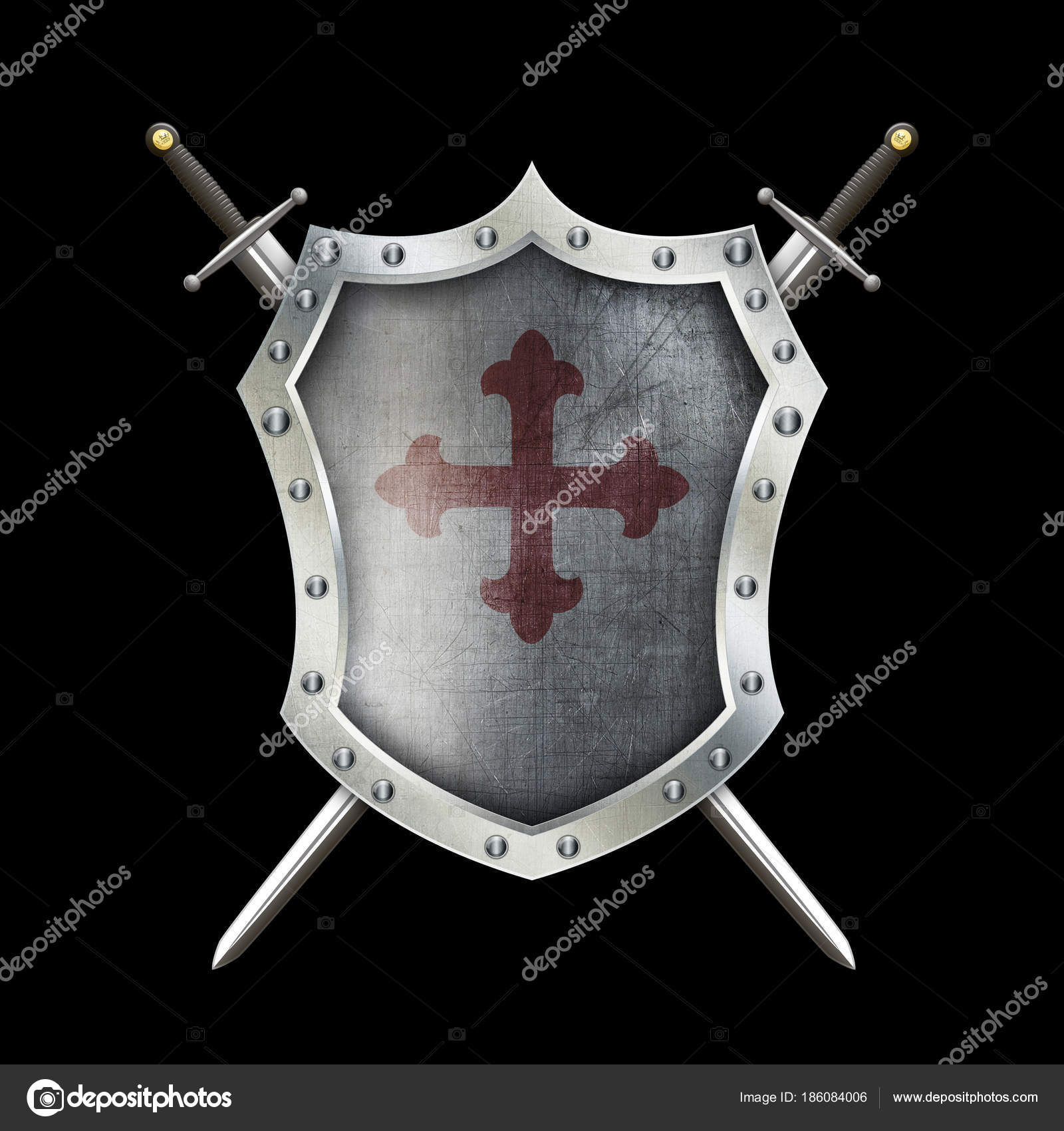 Antique metallic shield with two swords and red cross. — Stock Photo ...