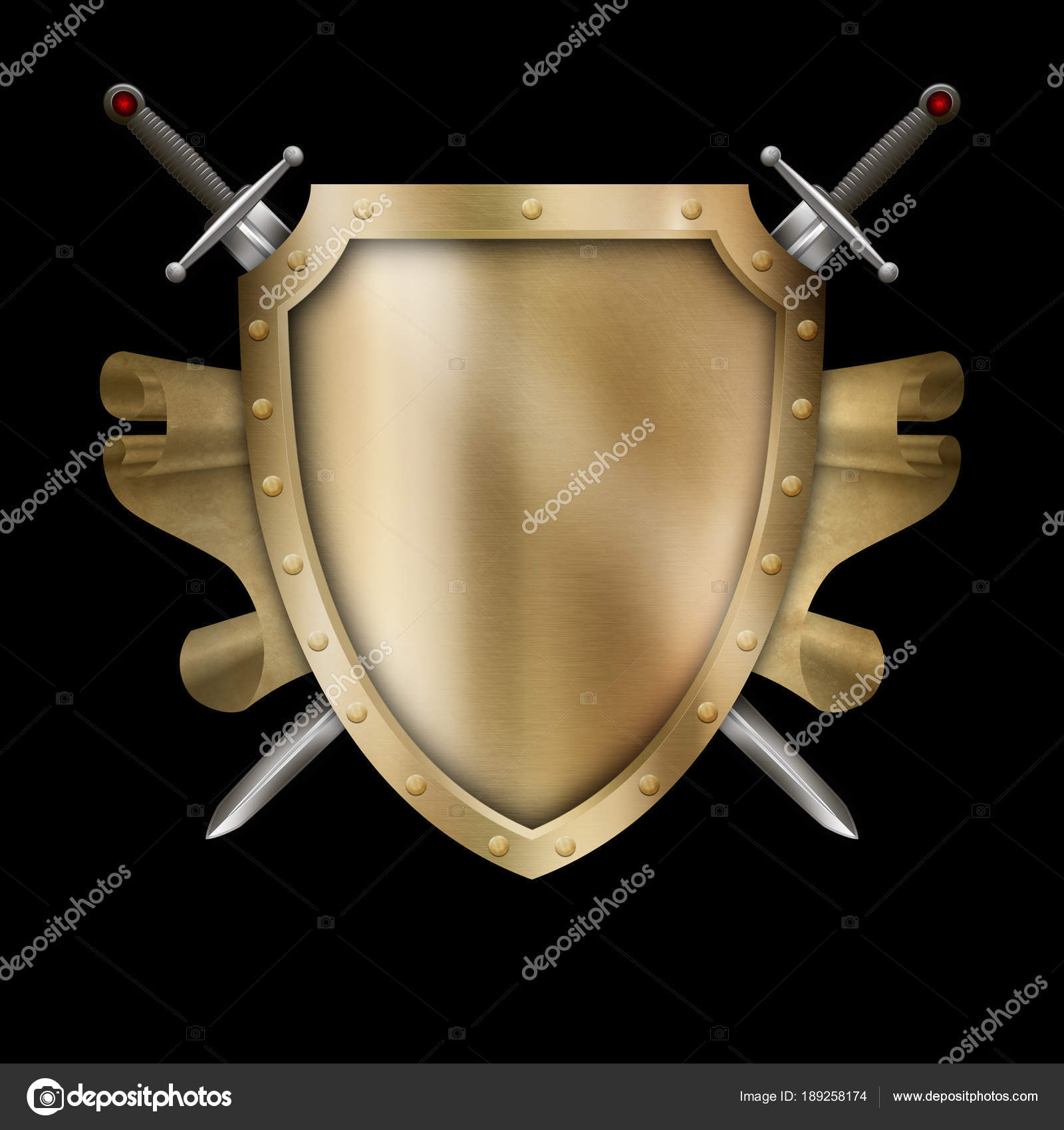 Golden antique shield with two swords and parchment scroll. — Stock ...
