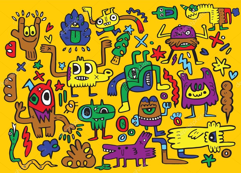Monsters and cute alien friendly, hand drawn monsters collection Stock ...