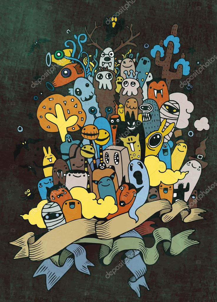 conjunto de mano dibujado monstruo feo loco. Halloween poster.monster ...