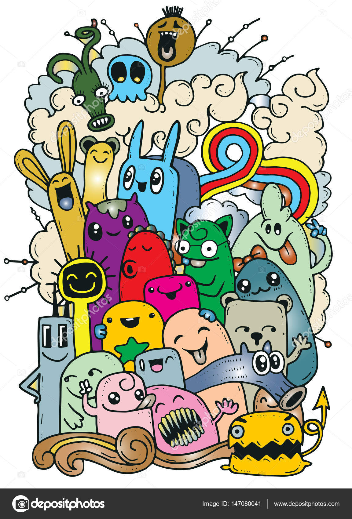 Hipster Hand drawn Crazy doodle Monster group,drawing style.Vector ...