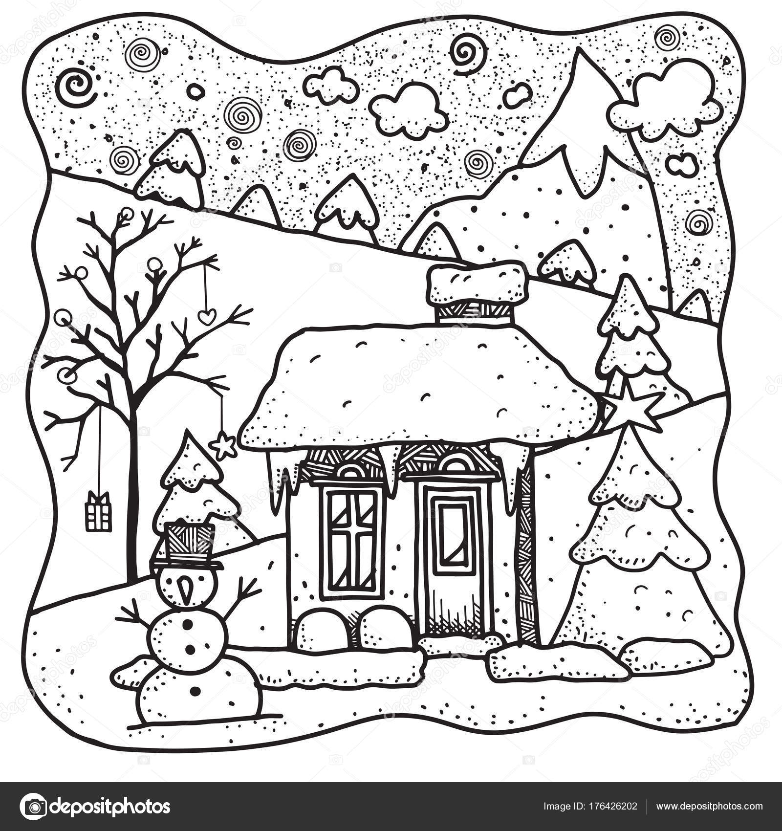 Winter Village Clip Art Black And White Cards