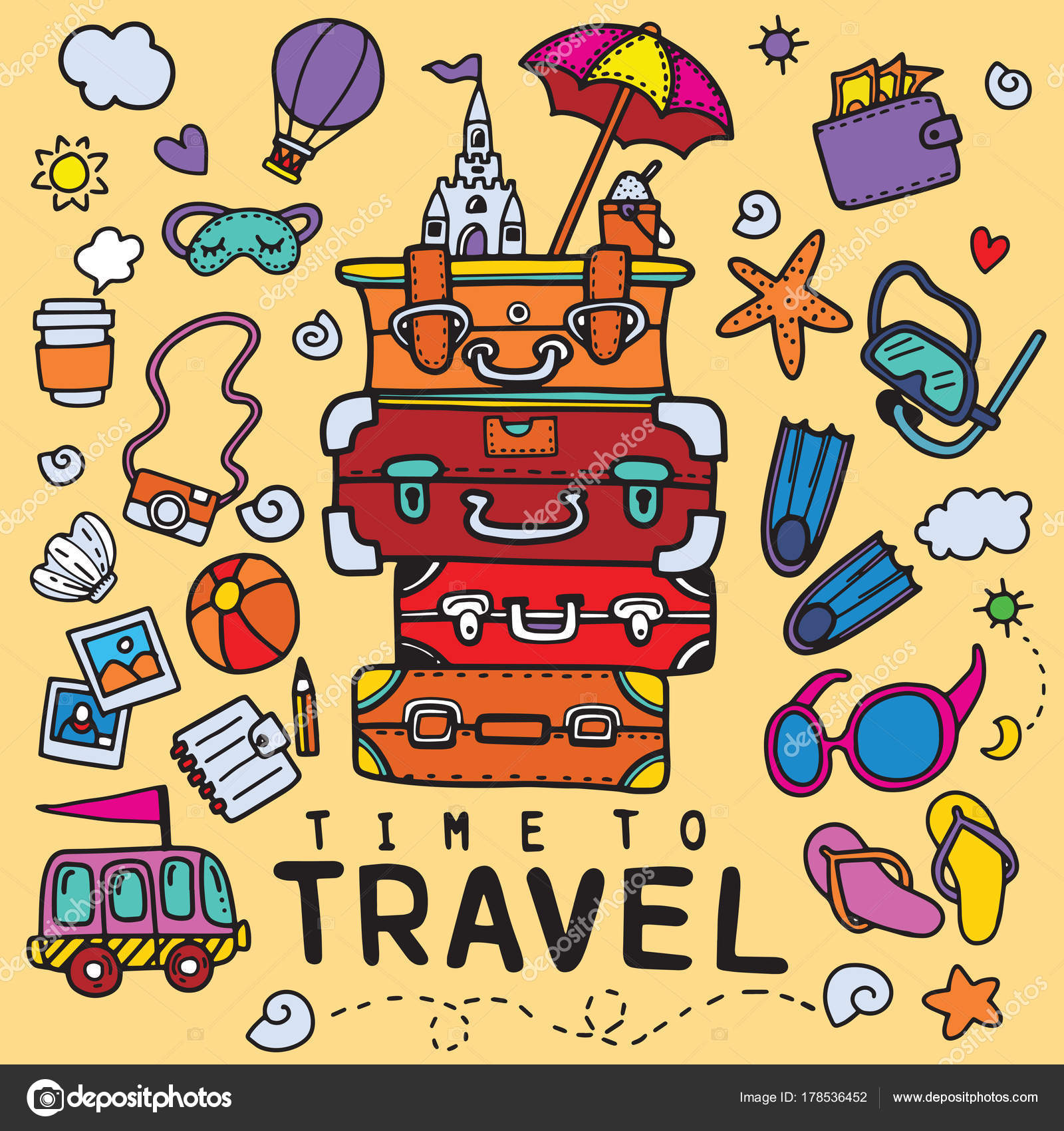 Set Hand Drawn Travel Doodle Vector Illustration Tourism Summer Sketch ...