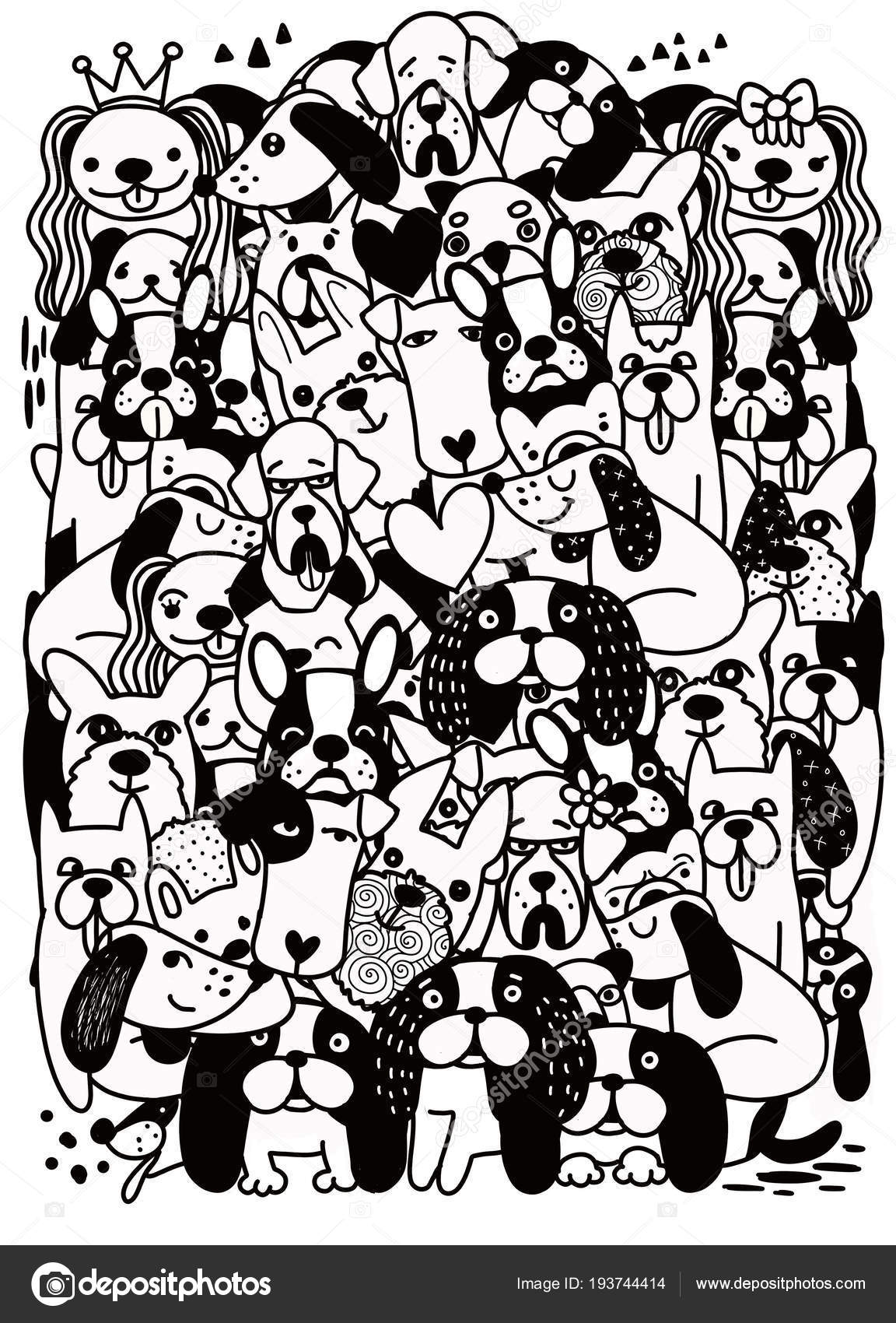Ručně Kreslené Vektorové Ilustrace Doodle Roztomilý Vtipné Kreslené Psi ...