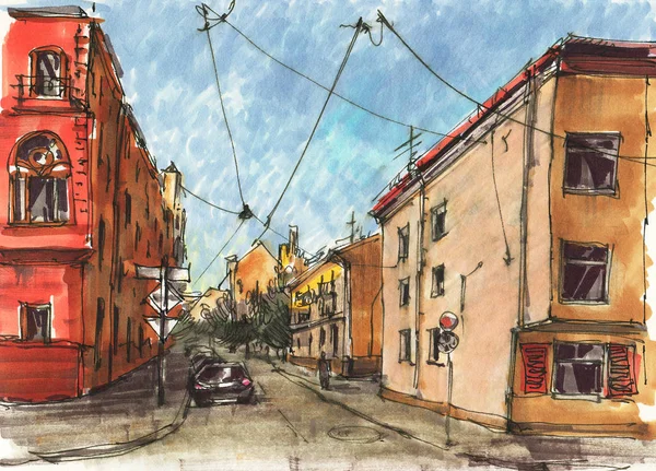 City Landscape Sketch Ink Watercolor Hand Drawn Illustration Stock ...