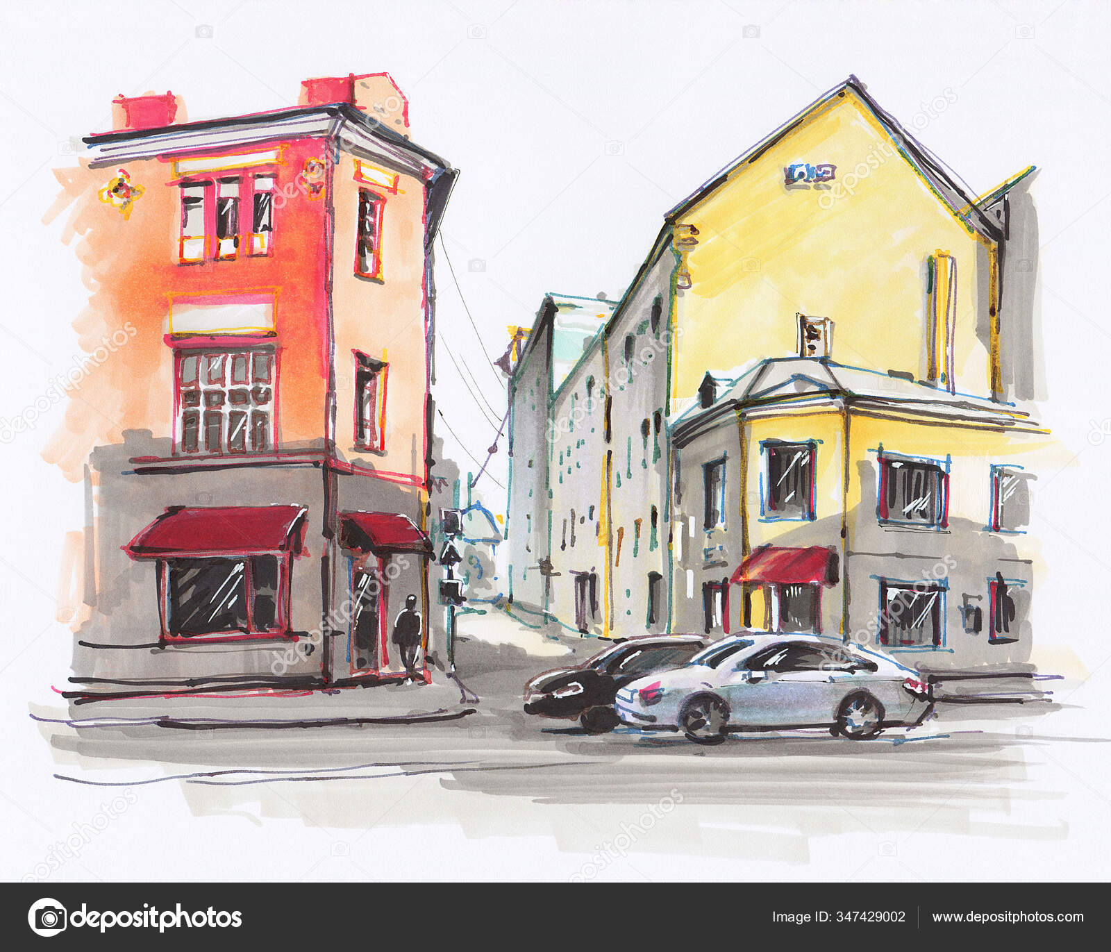 Urban Sketch Street City Centre Drawing Markers Hand Drawn Illustration ...