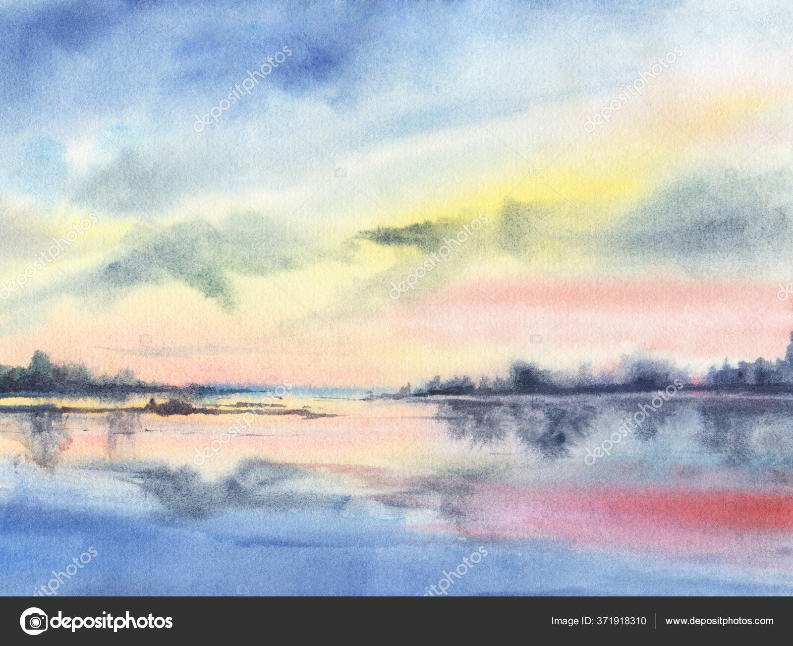 Summer Landscape Drawing Watercolor Hand Drawn Illustration Stock Photo ...