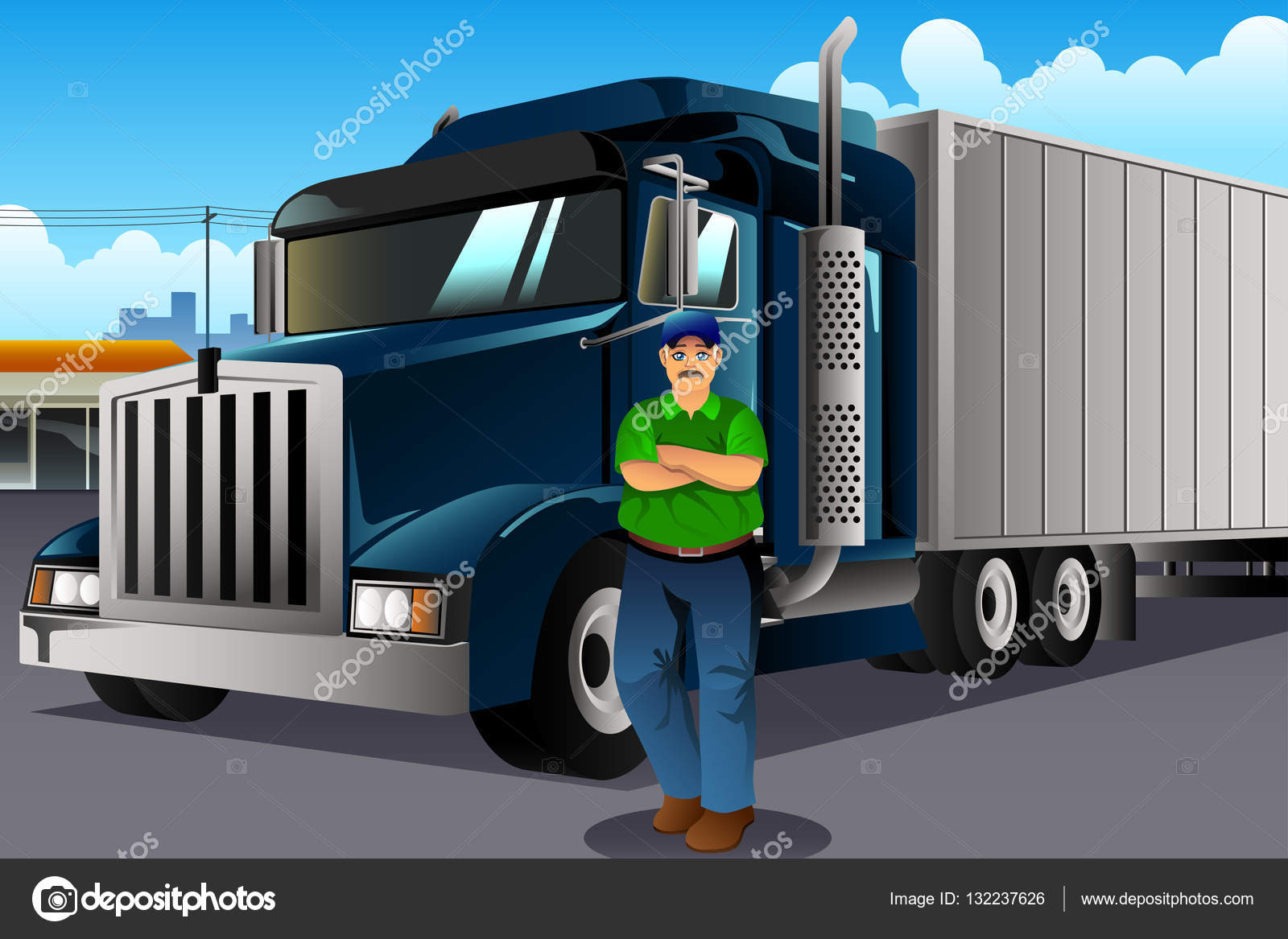 Conductor de camión de pie delante de su camión Vector de stock ...