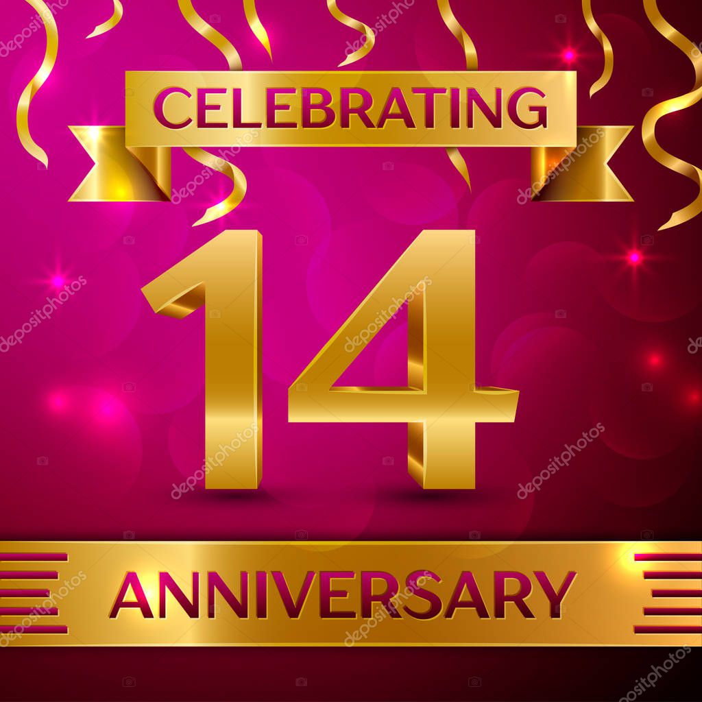 Catorce años Aniversario Celebración Diseño. Confetti y cinta dorada ...