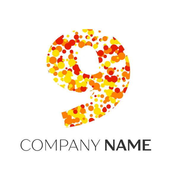 Number nine logo with orange, yellow, red particles and bubbles dots on ...