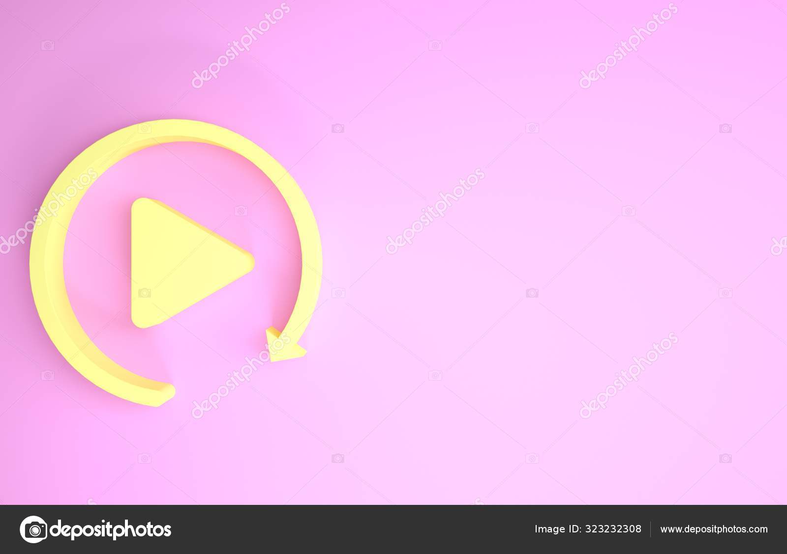 Yellow Video play button like simple replay icon isolated on pink ...