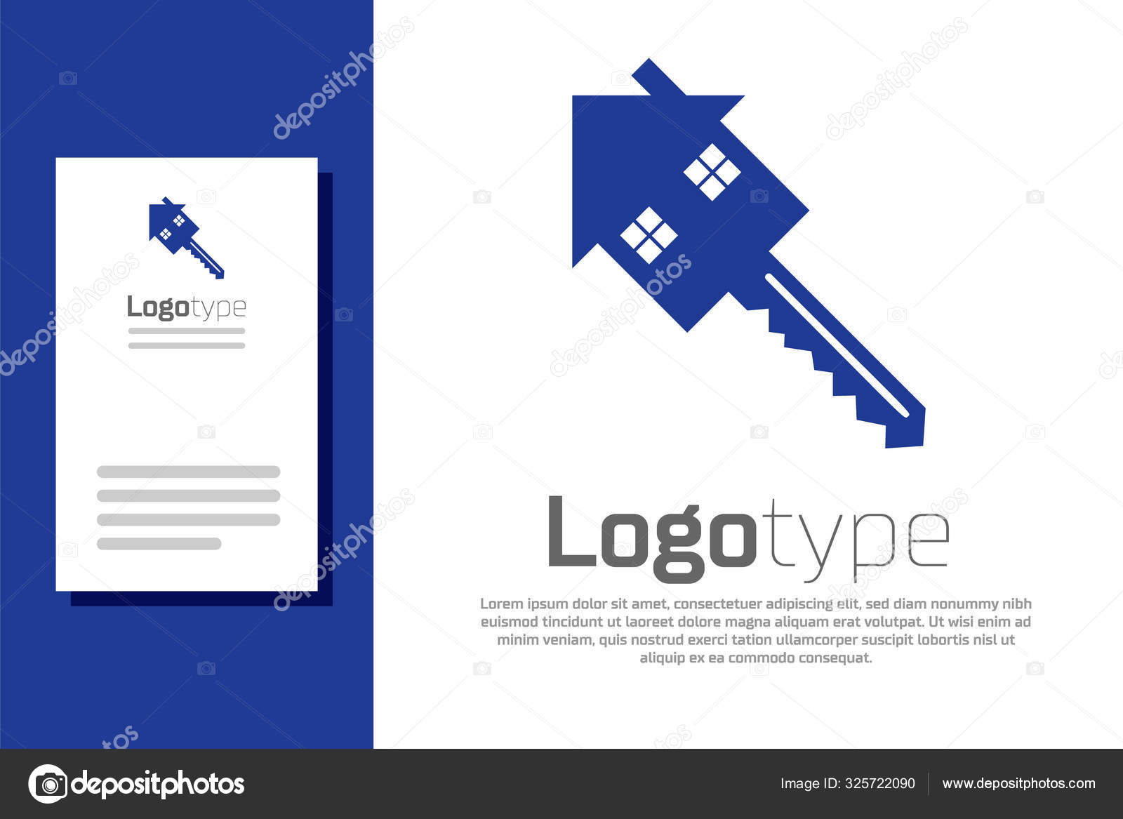 Blue House with key icon isolated on white background. The concept of ...