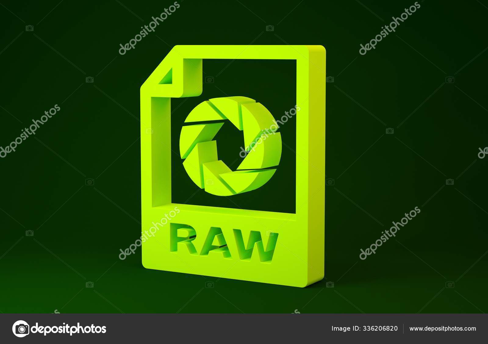 Yellow RAW file document. Download raw button icon isolated on green ...