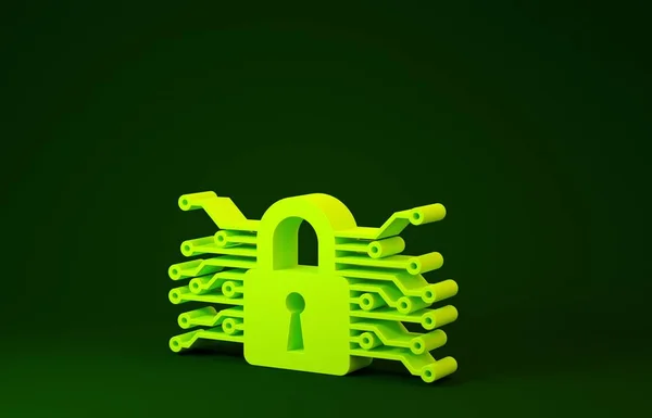 Yellow Cyber security icon isolated on green background. Closed padlock ...