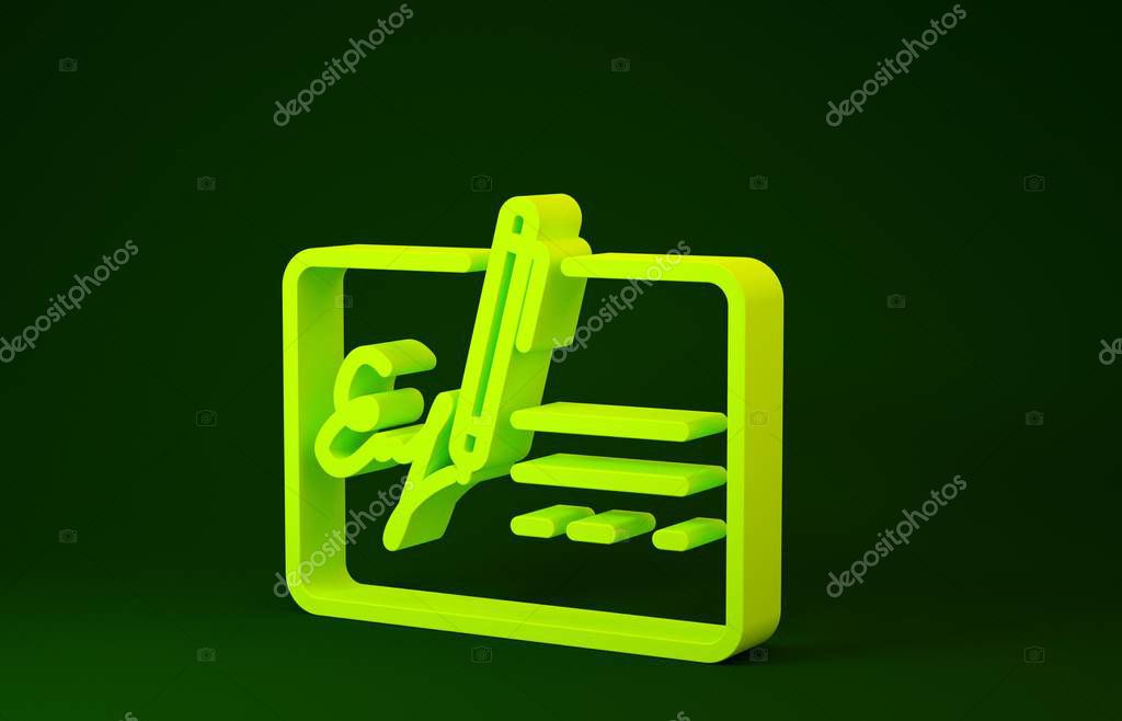 Icono de línea de documento amarillo firmado aislado sobre fondo verde ...