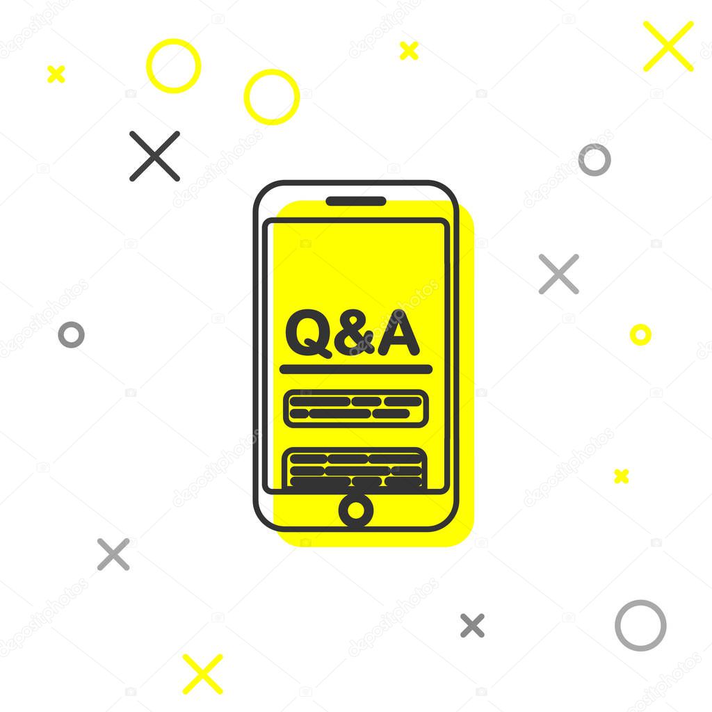 Línea gris Teléfono móvil con icono de pregunta y exclamación aislado ...