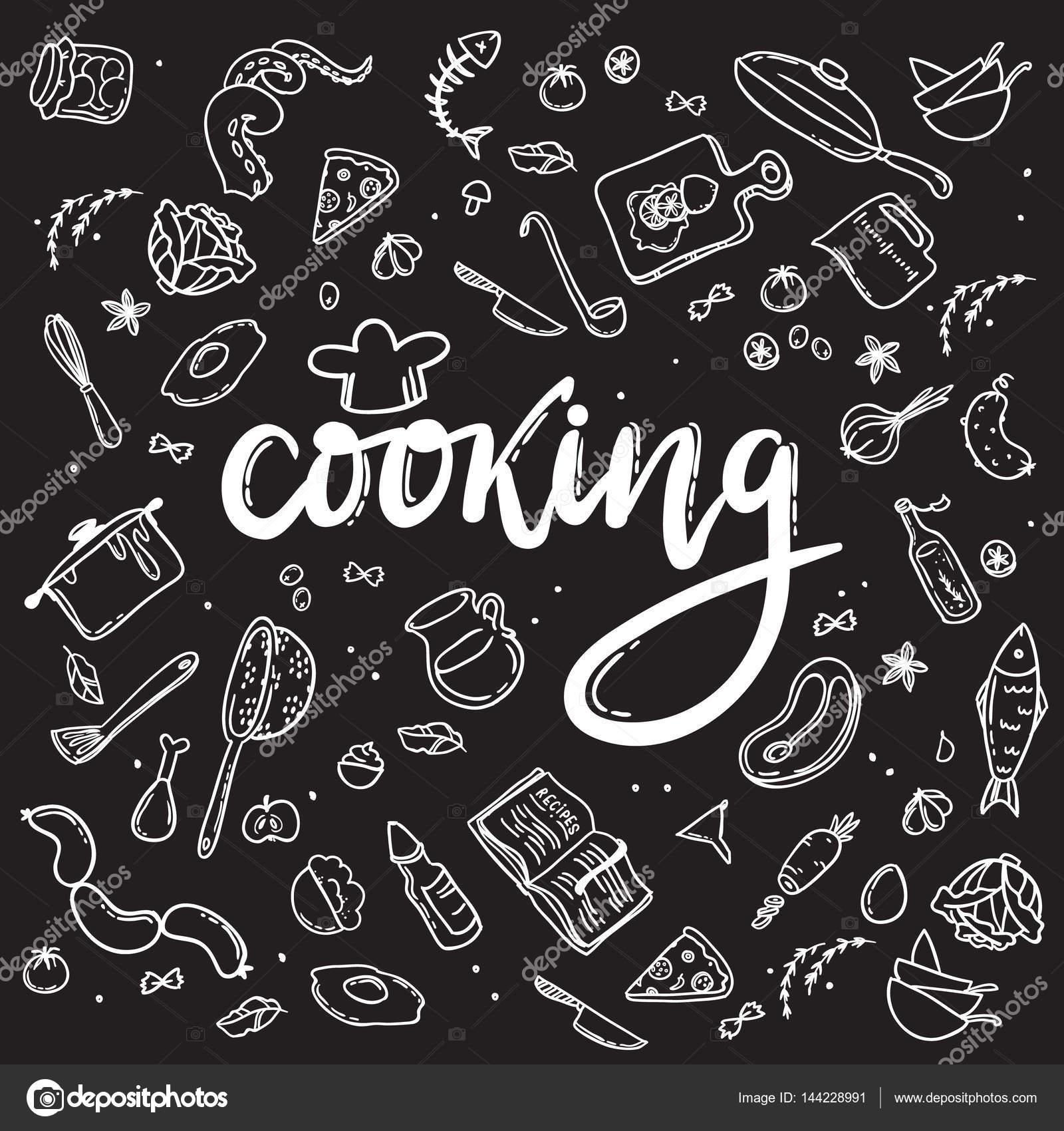 Cooking lettering. Hand drawn doodle food set. White on black — Stock ...