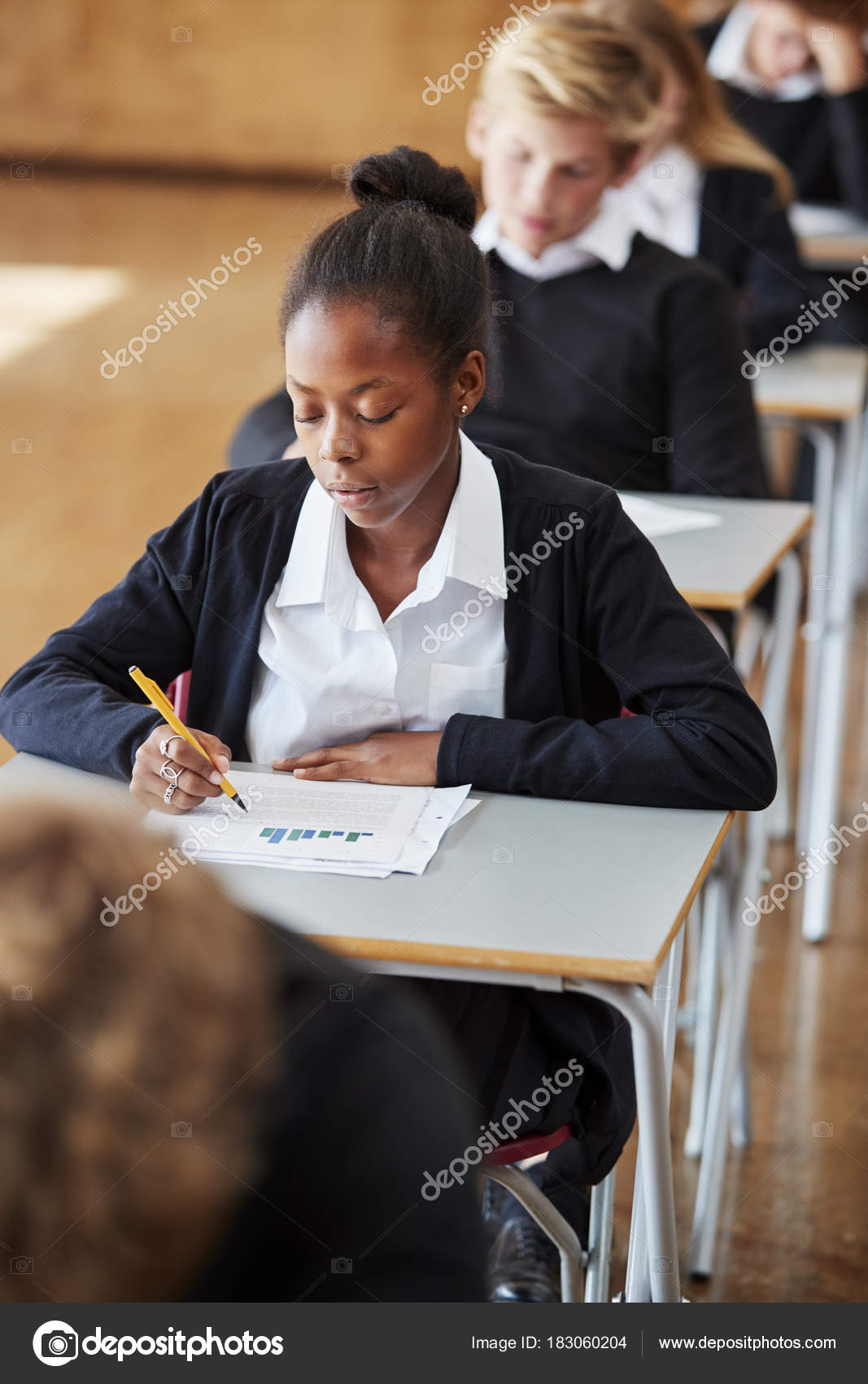 Teenage Students Uniform Sitting Examination School Hall Stock Photo by ...